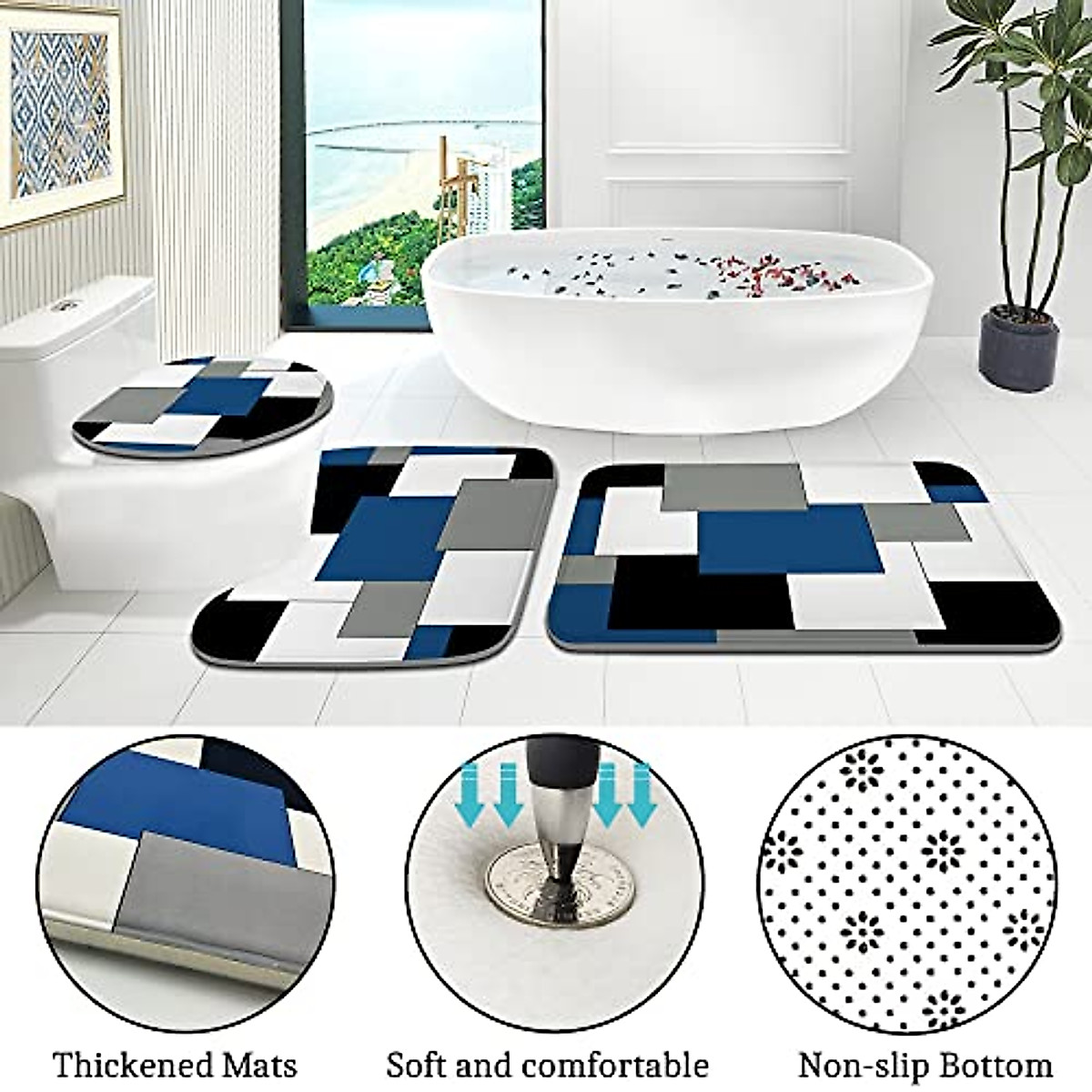 ENYORSEL Blue Bathroom Sets with Shower Curtain and Rugs, 4 Piece Geometric Bathroom Shower Curtain Set with Rugs, Incl Shower Curtain with 12 Hooks, Bath Mat, U-Shaped Floor Mat, Toilet Lid Oval Rug