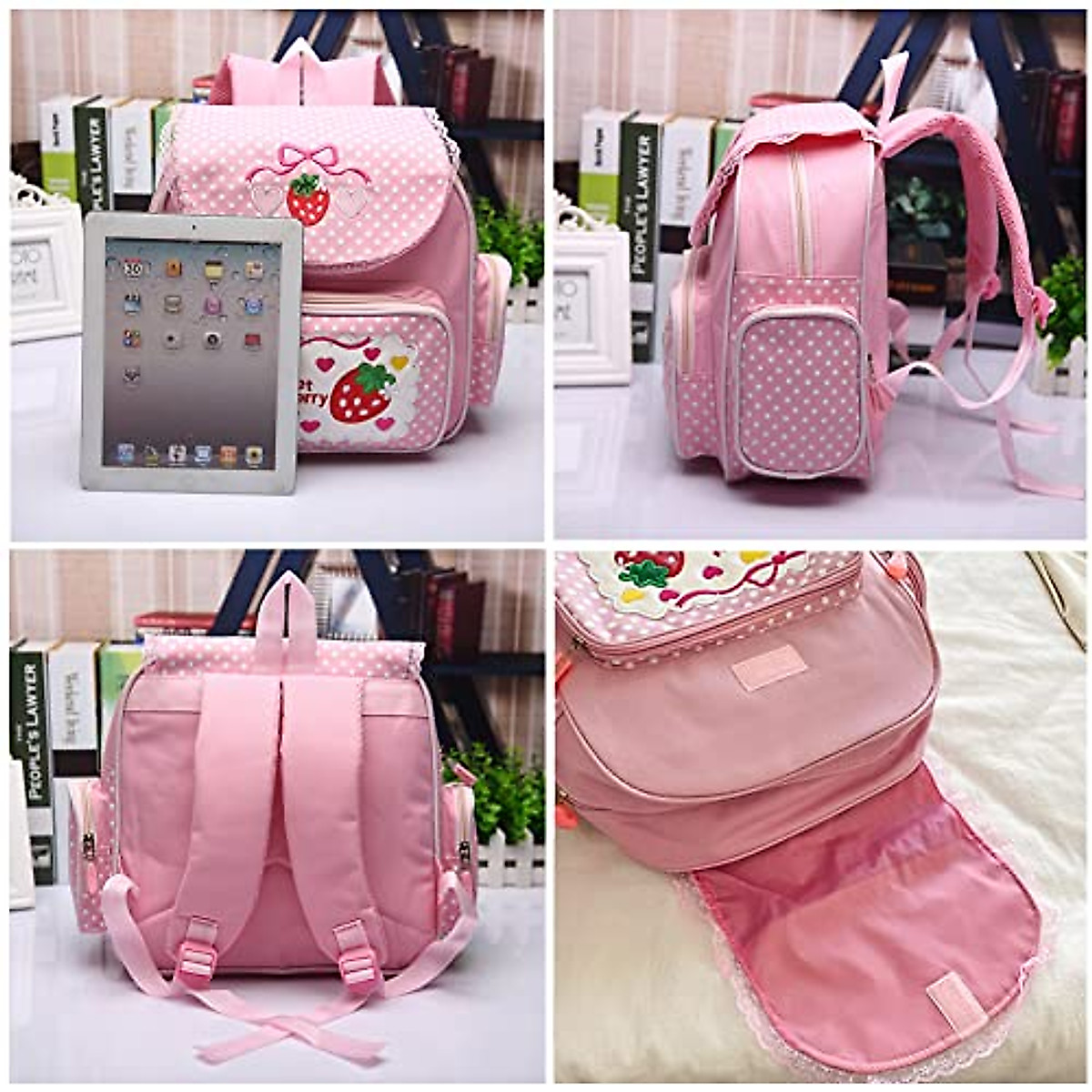 Lovemore Kawaii Embroidery Strawberry Backpack for Girl Teen Student School Bag Satchel Cute Pink Lace JK Backpack
