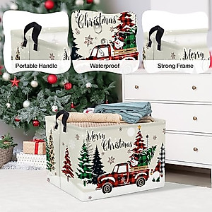 Clastyle Large Plaid Truck Christmas Tree Basket Snowman Gnome Merry Christmas Gift Basket Kid Leopard Spots Snowflate Book Shelf Basket Rectangle Toy Clothes Nursery Storage Cube
