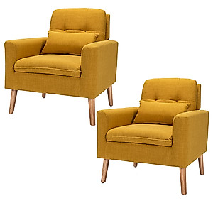 KOMFOTT Tufted Accent Armchair Set of 2, Modern Leisure Chair with Waist Pillow, Comfortable Backrest & Ergonomic Armrest, Breathable Fabric & Soft Sponge, Ideal for Living Room & Office, Yellow