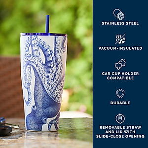 Caskata Lucy the Octopus Stainless Steel Insulated Tumbler | Cup, Lid & Straw Set for Travel, Commuting, & School | Perfect for Birthday, Christmas & Holiday Gifts | Blue on White Color | 30 oz