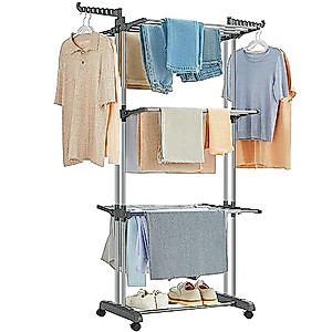 SONGMICS Clothes Drying Rack Stand 4-Tier, Foldable Laundry Drying Rack 67.7-Inch Tall, Stainless Steel, Rolling Clothes Horses Dryer Rack, Easy to Assemble, Indoor Outdoor Use, Gray ULLR701G01