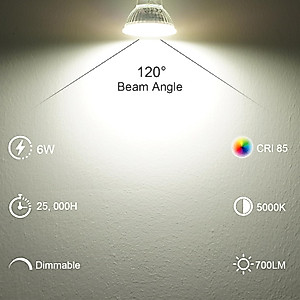 DiCUNO GU10 LED Bulb Dimmable, Daylight White 5000K, 60W Equivalent, High Brightness 700LM, MR16 GU10 LED Bulb for Track Lighting, 6W Light Bulb with 120° Beam for Kitchen, Range Hood, Pack of 6