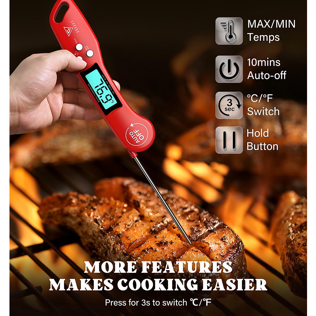 DOQAUS Digital Meat Thermometer, Instant Read Food Thermometer for Cooking, Kitchen Thermometer Probe with Backlit & Reversible Display, Cooking Thermometer Temperature for Turkey Grill BBQ Candy