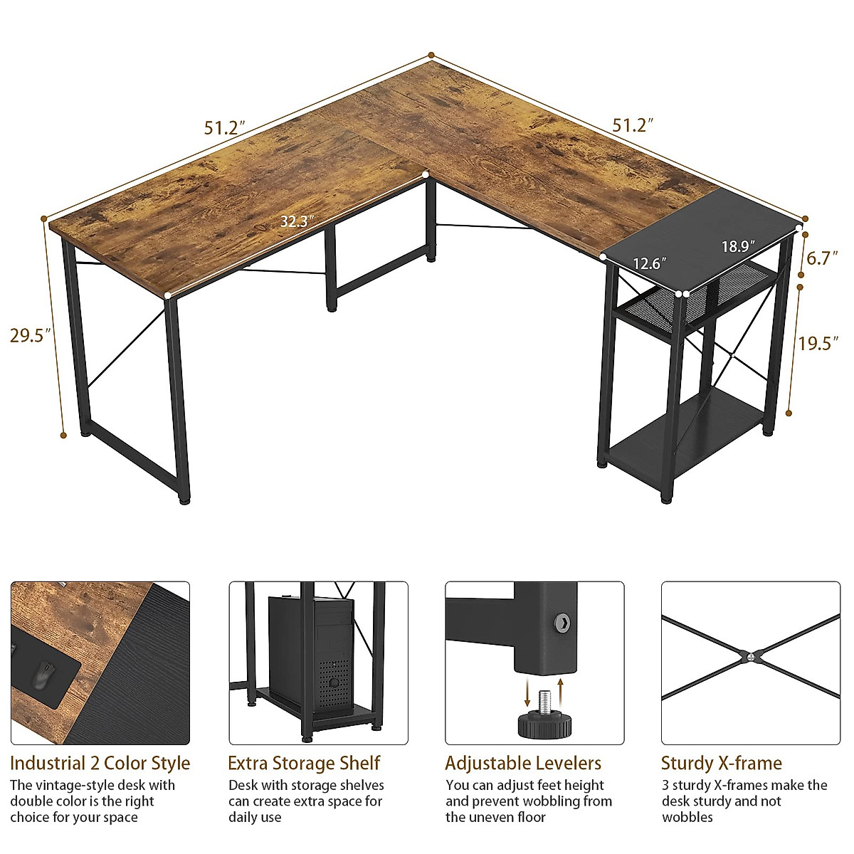 Ecoprsio L-Shaped Desk Large L Shaped Gaming Desk with Storage Shelves Industrial Corner Desk Writing Study Table for Home Office Gaming Workstation, Rustic Brown and Black