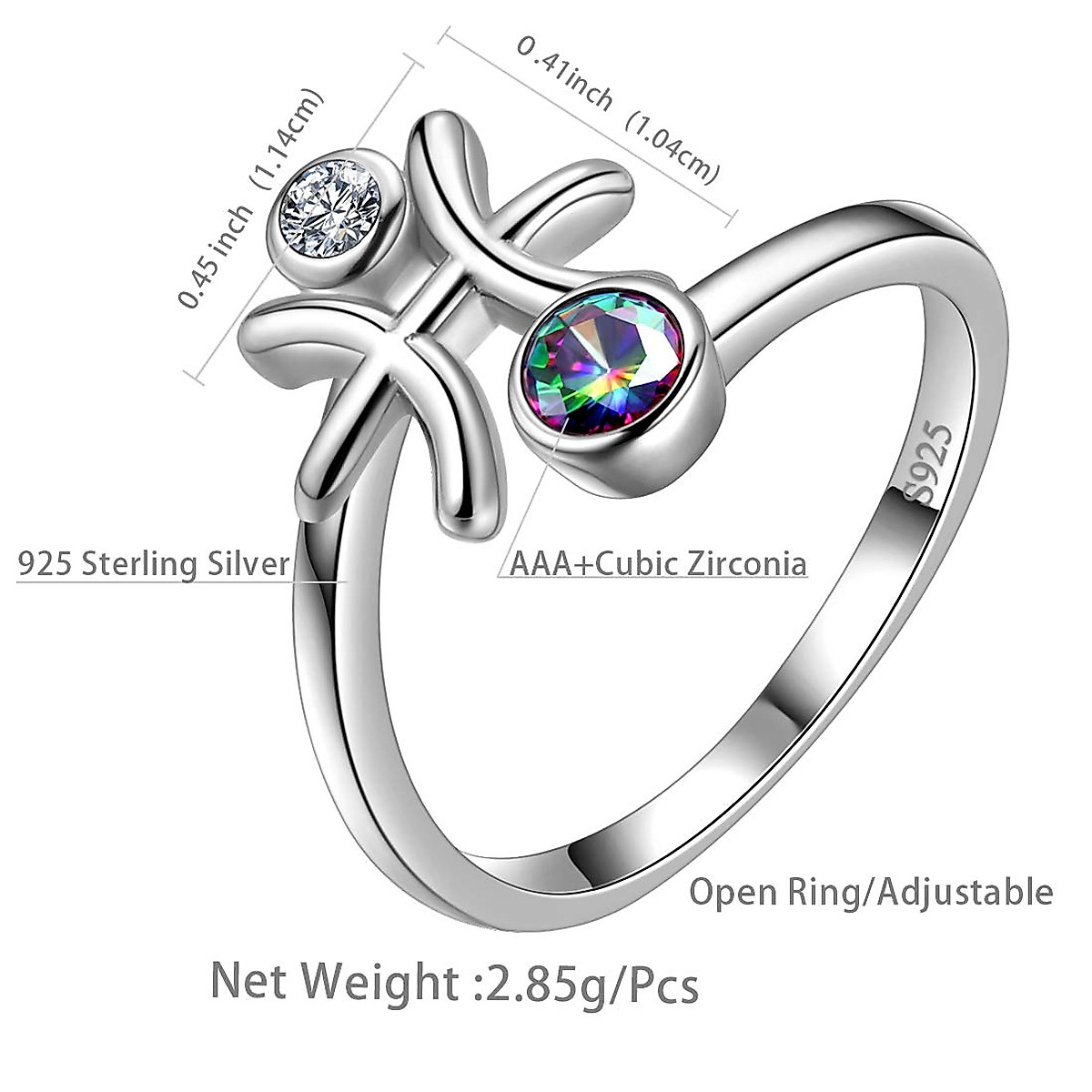 Aurora Tears Pisces Zodiac Rings Women 12 Constellation Horoscope Sign 925 Sterling Silver Mystic Rainbow Topaz Astrology Star Adjustable Birthday Gifts Fire Topaz Present DR0087Y
