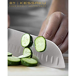 KESSAKU 7-Inch Santoku Knife - Ronin Series - Granton Edge - Forged High Carbon 7Cr17MoV Stainless Steel - Pakkawood Handle with Blade Guard