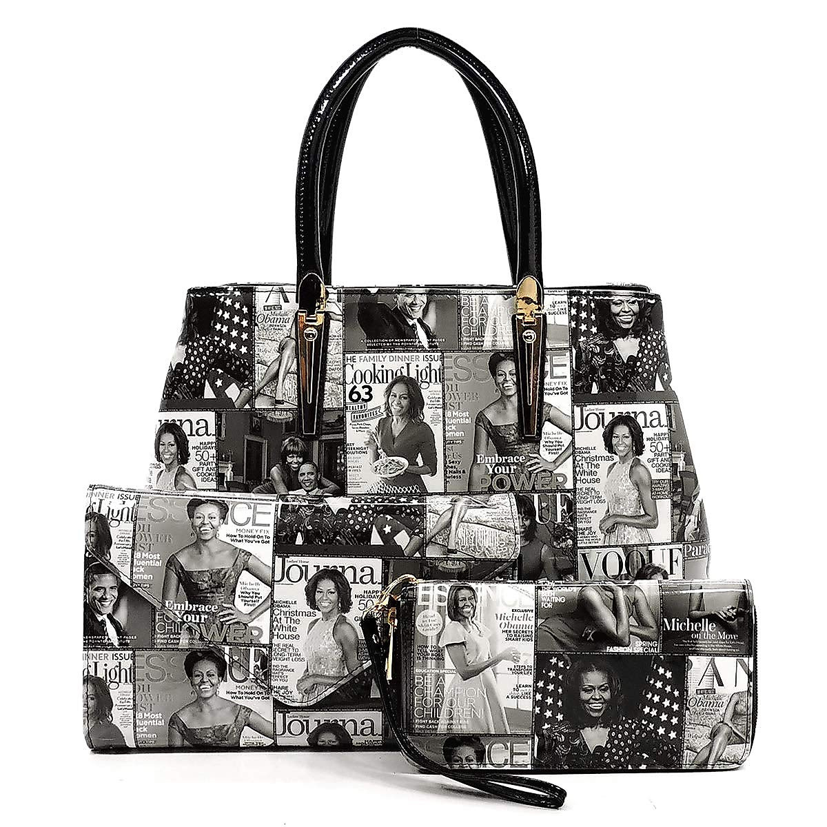 JUNZUP Glossy Magazine Cover Collage Michelle Obama Printed Satchel Bag + Envelope Clutch + Wallet 3pcs Set (Grey/Bk)