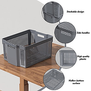 Zopnny 6-Pack Stackable Plastic Woven Basket Organizer, Large Stacking Storage Basket Bin, Grey