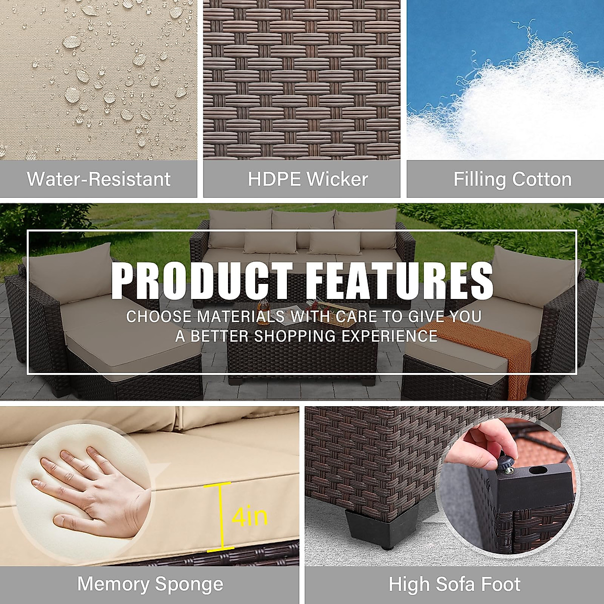 Rattan Star 6 Pieces Patio Outdoor Furniture Outdoor Conversation Sets Wicker Sofa Set with Outdoor Couch Patio Chairs Storage Coffee Table Khaki Cushions Waterproof Covers