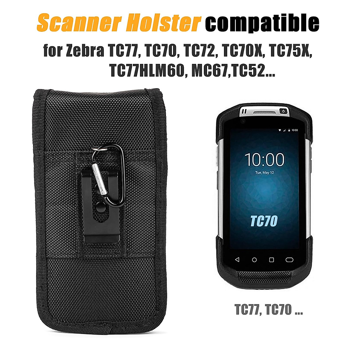 RLJT JIN TC77 Scanner Holster,Durable Carrying Case Pouch for Zebra TC70x,TC70,TC72,TC75,TC77,M60,MC67 Handheld Barcode Touch Mobile Computer,Metal Belt Clip,Pen Holder and with Belt Loop.