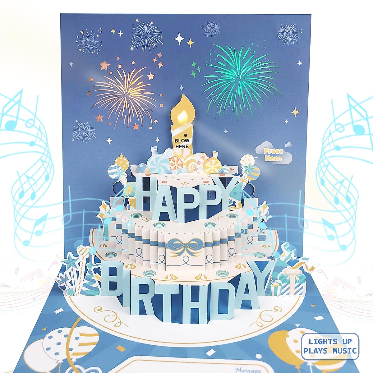 DTESL Musical Birthday Cards with Light and Music, Blowable, 3D Birthday Popup Cards for Men & Women– Plays Hit Song 'HAPPY Birthday'