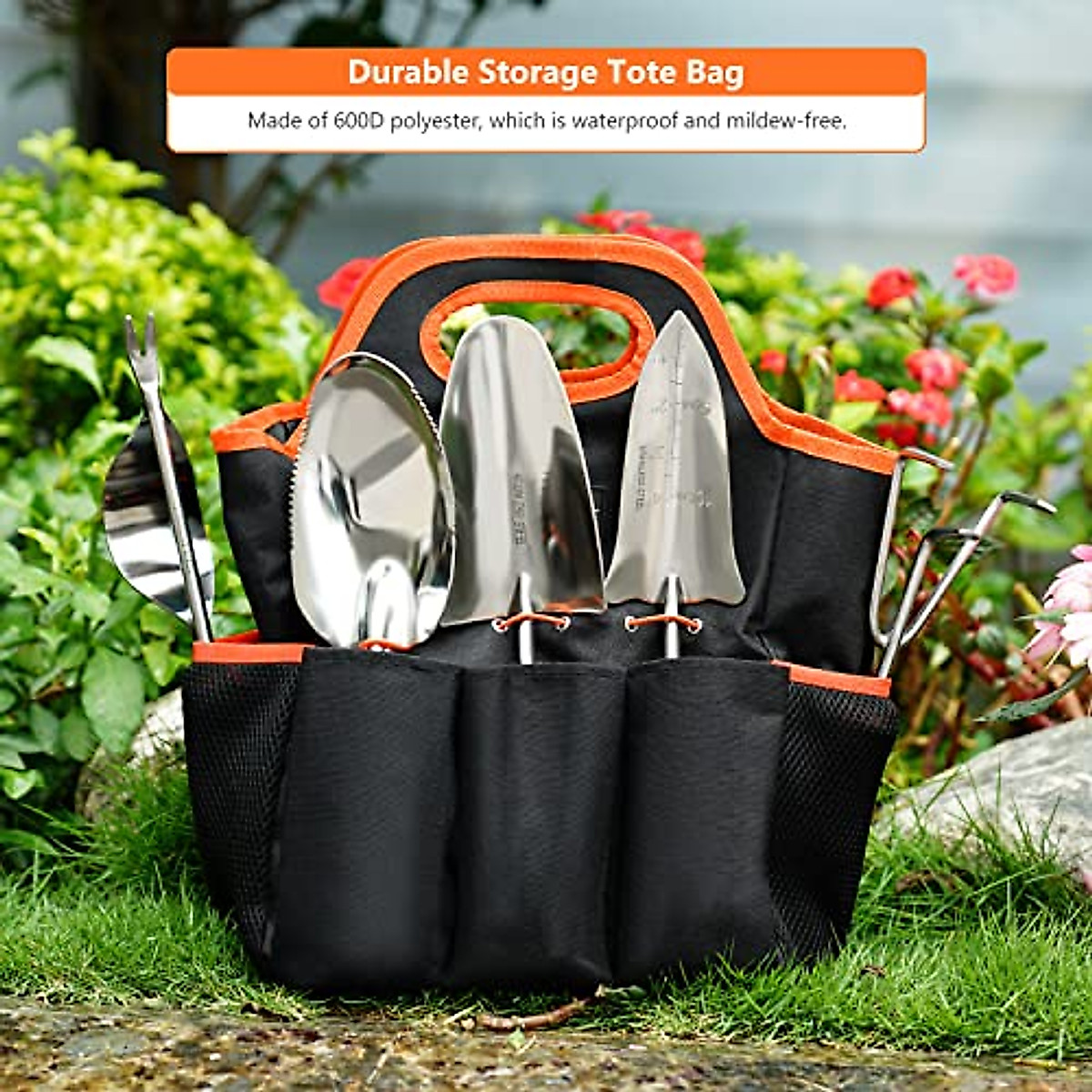 Garden Tools, ENGiNDOT 7 Pcs Stainless Steel Heavy Duty Multi Garden Tool Set, Gardening Tools with Water Proof and Never Mould Tote, Gardening Gifts for Men and Women, Indoor and outdoor Plant