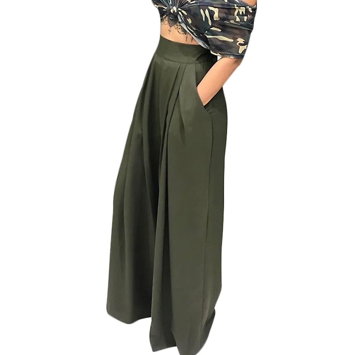 Famnbro High Waisted Pants for Women Maxi Length Loose Wide Leg Trousers Palazzo Pants Green
