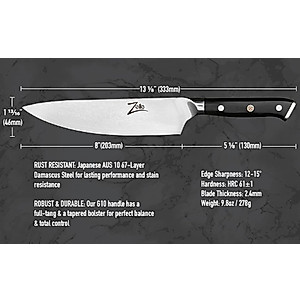 Zelite Infinity Damascus Chef Knife 8 Inch, Japanese Chef Knife, Damascus Kitchen Knife, Japanese Knife, Chefs Knife, Kitchen Knives, Chef Knives - Japanese AUS-10 Super Steel 67-Layer Damascus Knife