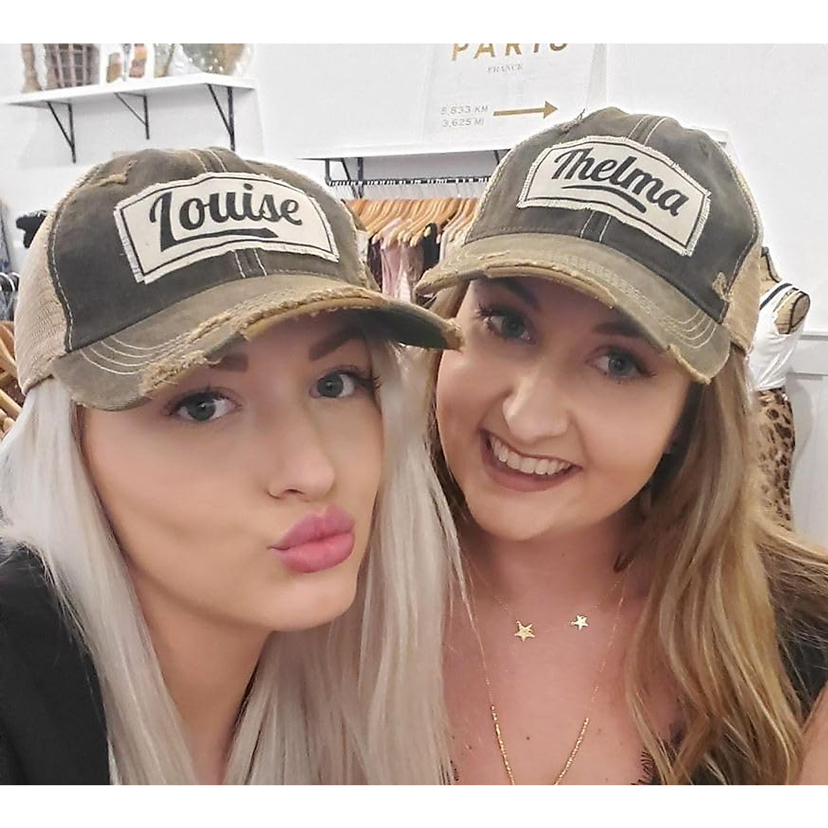 VINTAGE LIFE Best Friends Baseball Cap for Women Funny Trucker Hat Cute Distressed Ball Caps (Thelma, Black)