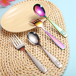 6 Pieces Stainless Steel Rainbow Kids Silverware Toddler Utensils Baby Forks and Spoons, Metal Children's Safe Flatware Kids Cutlery Set for LunchBox, 3 x Child Forks, 3 x Children Spoons