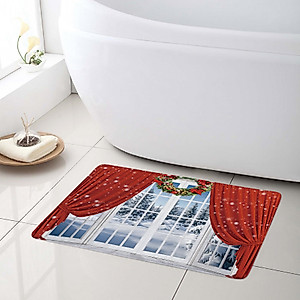 LB Merry Christmas Bath Mat Winter Snow Forest Out of Window Area Rug for Bathroom White Snowflake Red Curtain Doormat Non Slip Memory Foam Super Absorbent Floor Mats,24Wx16H Inch