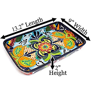 Enchanted Talavera Pottery Mexican Hand Painted Ceramic Rectangle Serving Platter Dish Appetizer Plate Tray Food Mexican Floral Pattern Thanksgiving Holiday Party Fiesta (Large 13.2 x 9 x 2, Multi)