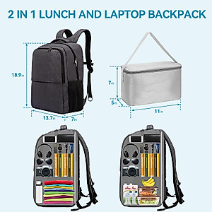 SLOTRA Lunch Backpack,17 Inch Laptop Backpack with Lunch Box USB Port Travel Computer Backpack Large Capacity Busniess Commute Bag