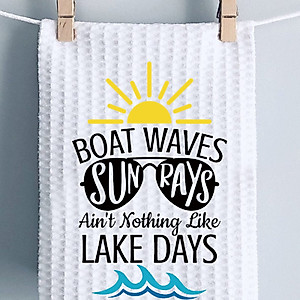PWHAOO Lake Kitchen Towel Boat Waves Sun Rays Kitchen Towel Lake Life Tea Towel Lake Days Gift (Boat Waves Sun T)