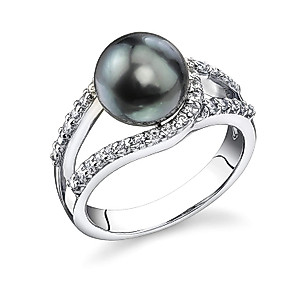 The Pearl Source Tahitian South Sea Cultured Pearl Ring for Women, Tessa Ring in Black with Sterling Silver and Crystals