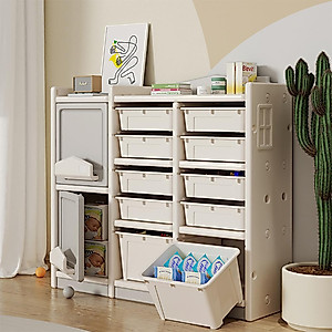 Runboll Toy Storage Organizer Bookshelf Multipurpose Toys Organization Chest with 10 Bins 2 Cabinets and 2 Shelves for School, Bedroom, Playroom or Nursery