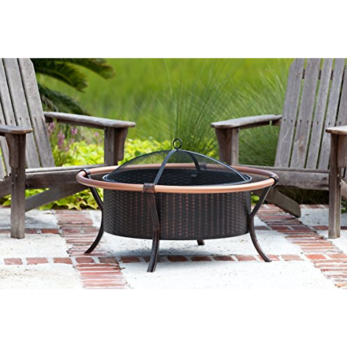 Fire Sense 60859 Fire Pit Copper Rail Steel Fire Bowl with Weave Pattern Wood Burning Lightweight Portable Outdoor Firepit Backyard Fireplace Included Screen Lift Tool - Antique Bronze - 27.5"