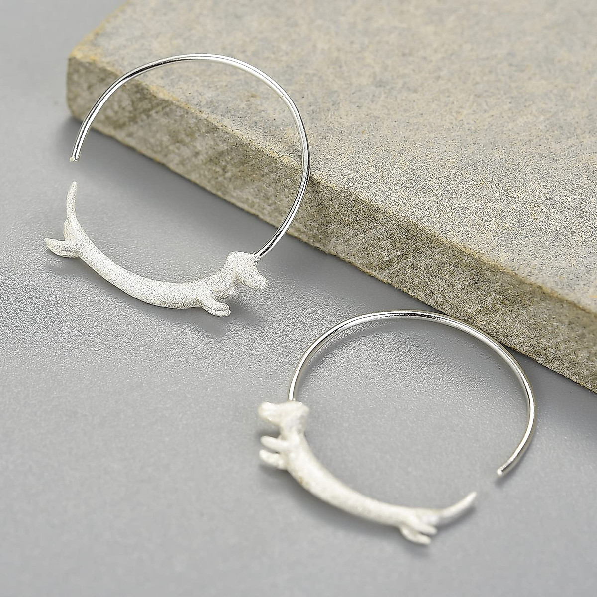 Lotus Fun S925 Sterling Silver Hoop Earrings Lovely Flying Dachshund Dog Big Round Hoop Earrings for Women (Sliver)