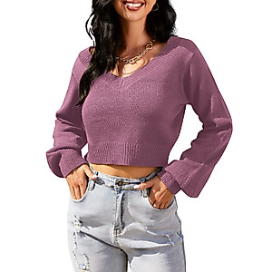 ZAFUL Women's Cropped Sweater V-Neck Long Sleeve Crop Sweater Pullover Jumper Knit Top (1-Red Violet, S)