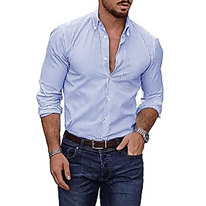 JMIERR Mens Slim Fit Casual Button Down Dress Shirts Pinpoint Stripe Long Sleeve Fall Shirt US 43(L),Blue