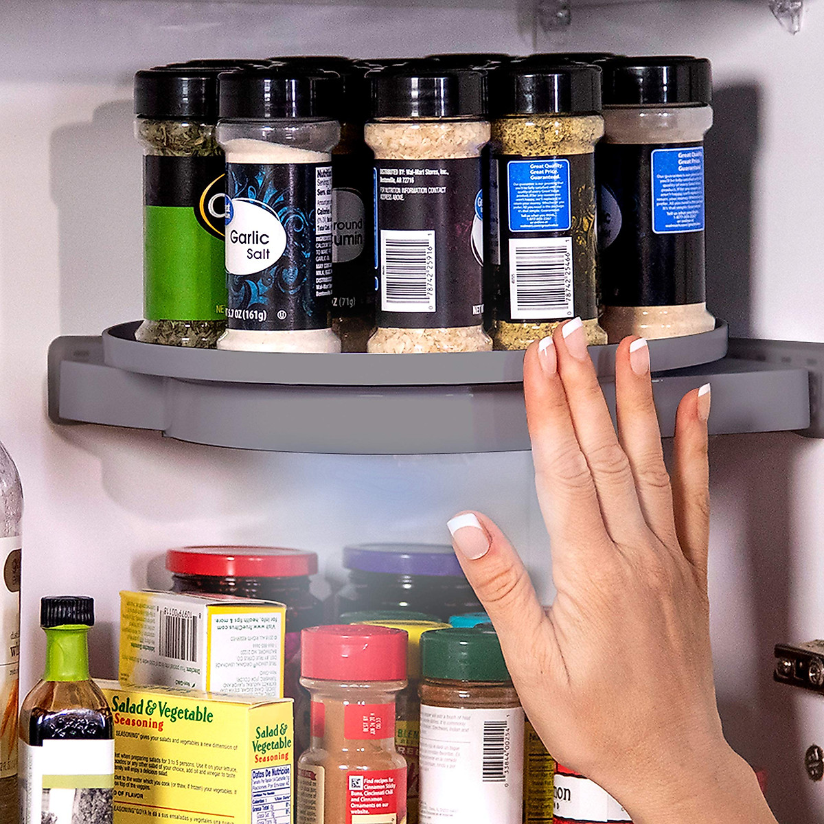 Instahang Rotating Shelf, Storage Organizer with Water-Resistant LED Lights, No-Assembly Wall-Mounted Shelf for Kitchen and Bathroom Caddy Storage, Corner Shower Shelf, 11" x 2.8" x 11", (Grey)