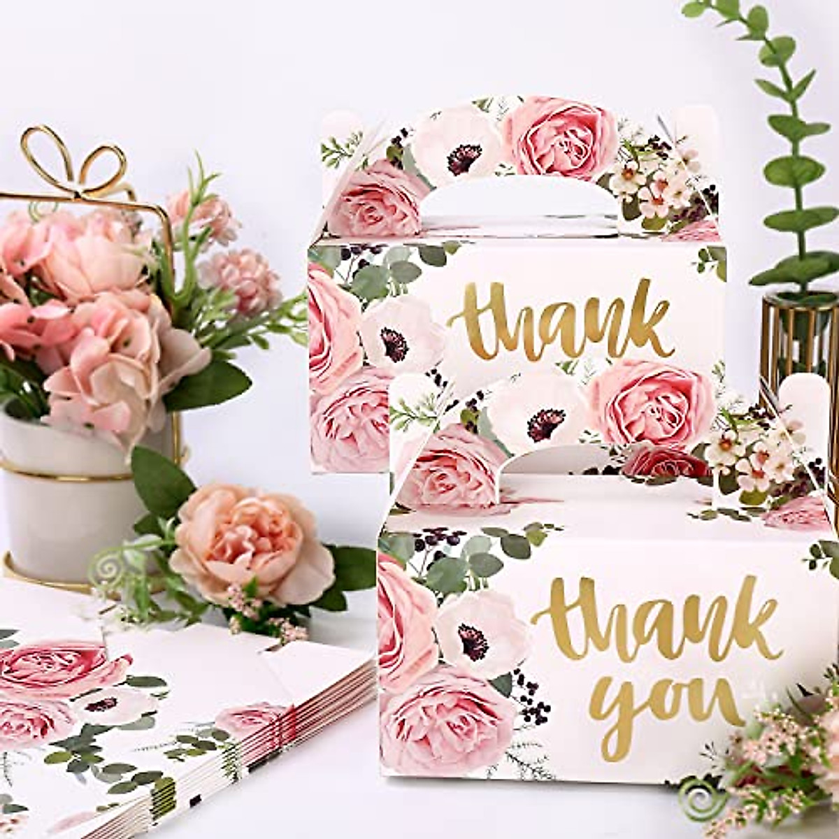 SOSFKIM Gable Treat Boxes Large 24 Pack - Floral Party Favor Boxes Bulk Embossed Foil 6.3x 3.5x 3.5in - Goodie Gable Boxes for Baby Shower, Wedding, Birthday