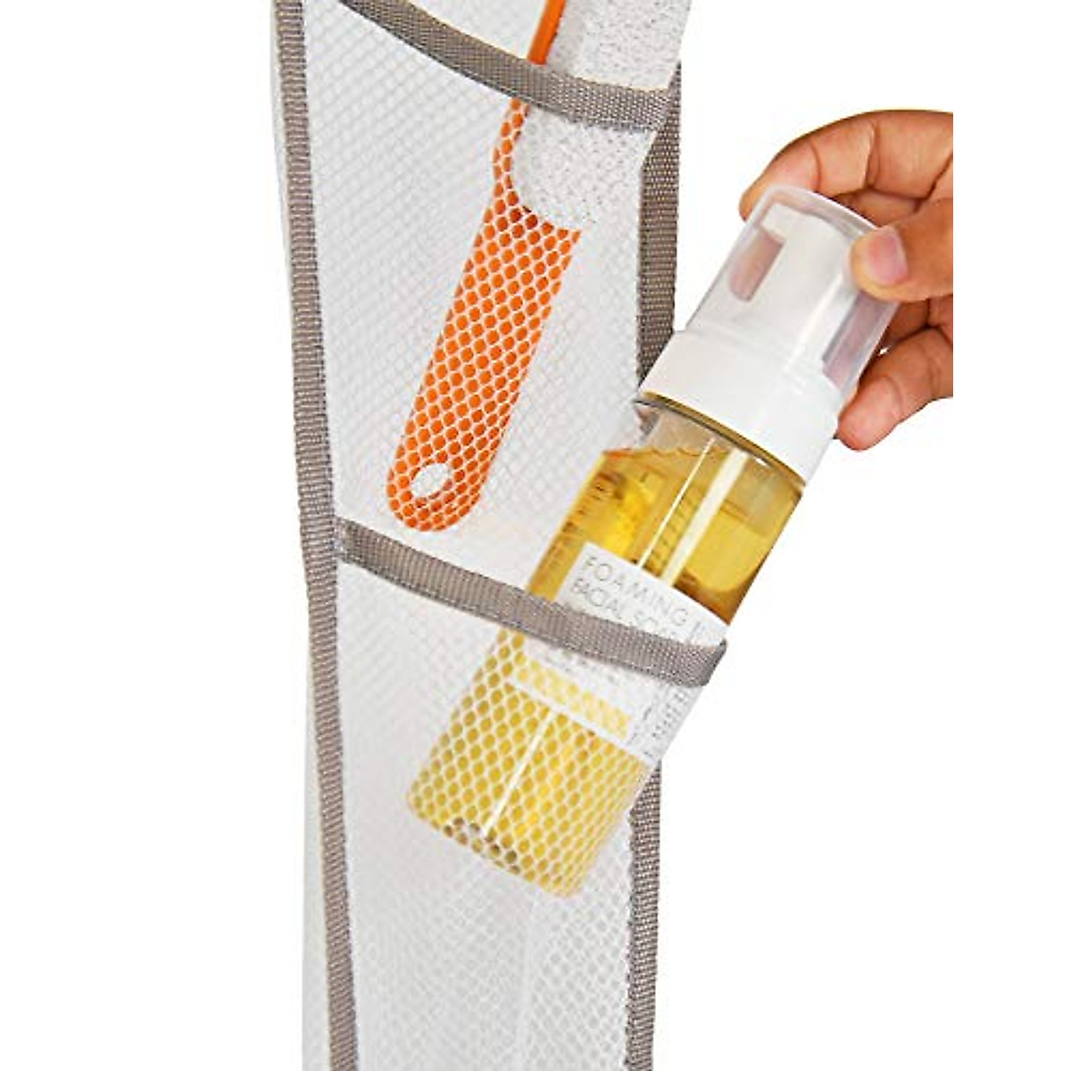 Home-X Hanging Mesh Organizer with Six Pockets, Shower Caddy with Hook and Loop Hanger for Shower Rod, 58" L x 7" W, White/Gray