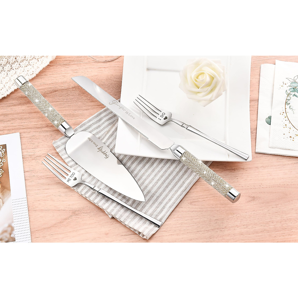 ROXBURGH Wedding Cake Knife and Server Set, Mr and Mrs Forks, Cake Cutting Set for Wedding, 420 Stainless Steel Silver Cake Cutter and Pie Server Slicer, Rhinestones Studded Handle Engagement