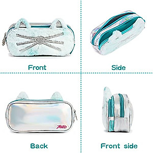 Bendopa Cat Backpack for Girls, Kids backpack Set with Pencil Case, Plush Kitty Schoolbag for Children, Furry Green