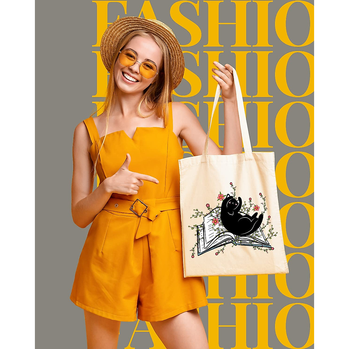 AUSVKAI Cute Book Canvas Tote Bag Aesthetic For Women Grocery Bag Cotton Beach Totes Gift-Black Cat Book