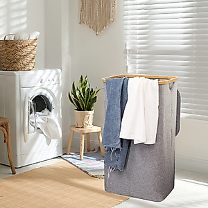 FairyHaus Laundry Basket with Lid, Freestanding Large Laundry Hamper with Lid, Removable Bag & Support Rods, Collapsible Dirty Clothes Hampers for Laundry with Easy Carry Bamboo Handles, Tall, Grey