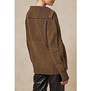 Women's 2023 Fall Casual Oversized Pullover Sweaters Lapel Collar V Neck Long Sleeve Ribbed Knit Jumper Tops Brown M