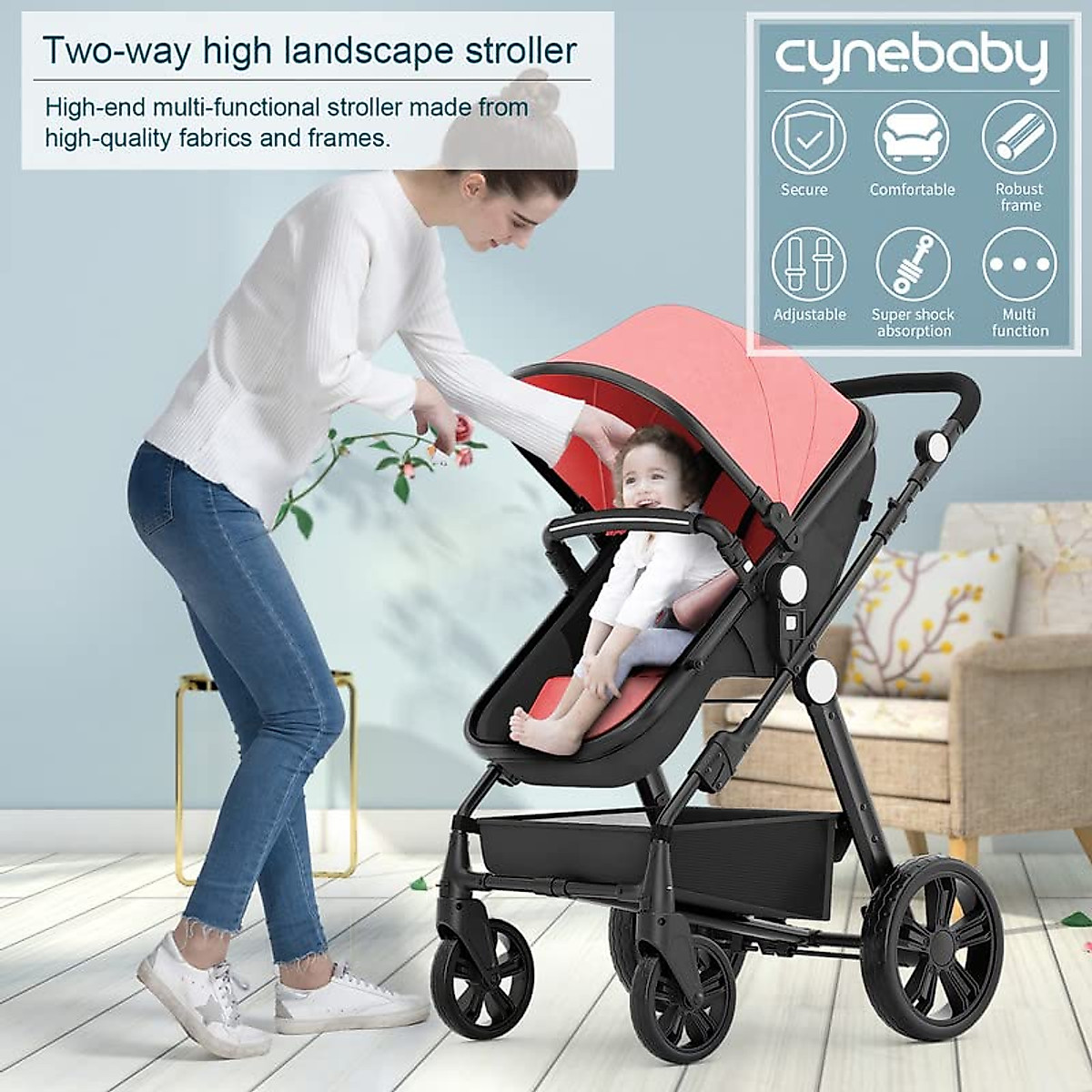 Newborn Infant Baby Bassinet Stroller - Sleeping & Sitting Mode 2 in 1 All Terrain High Landscape Shock Absorption Sunshade Comfortable Baby Toddler Strollers for 0-36 Months Old Babies