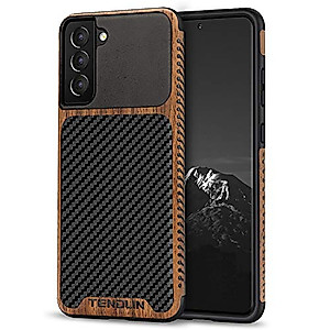 TENDLIN Compatible with Samsung Galaxy S21 Case Wood Grain with Carbon Fiber Texture Design Leather Hybrid Case Black