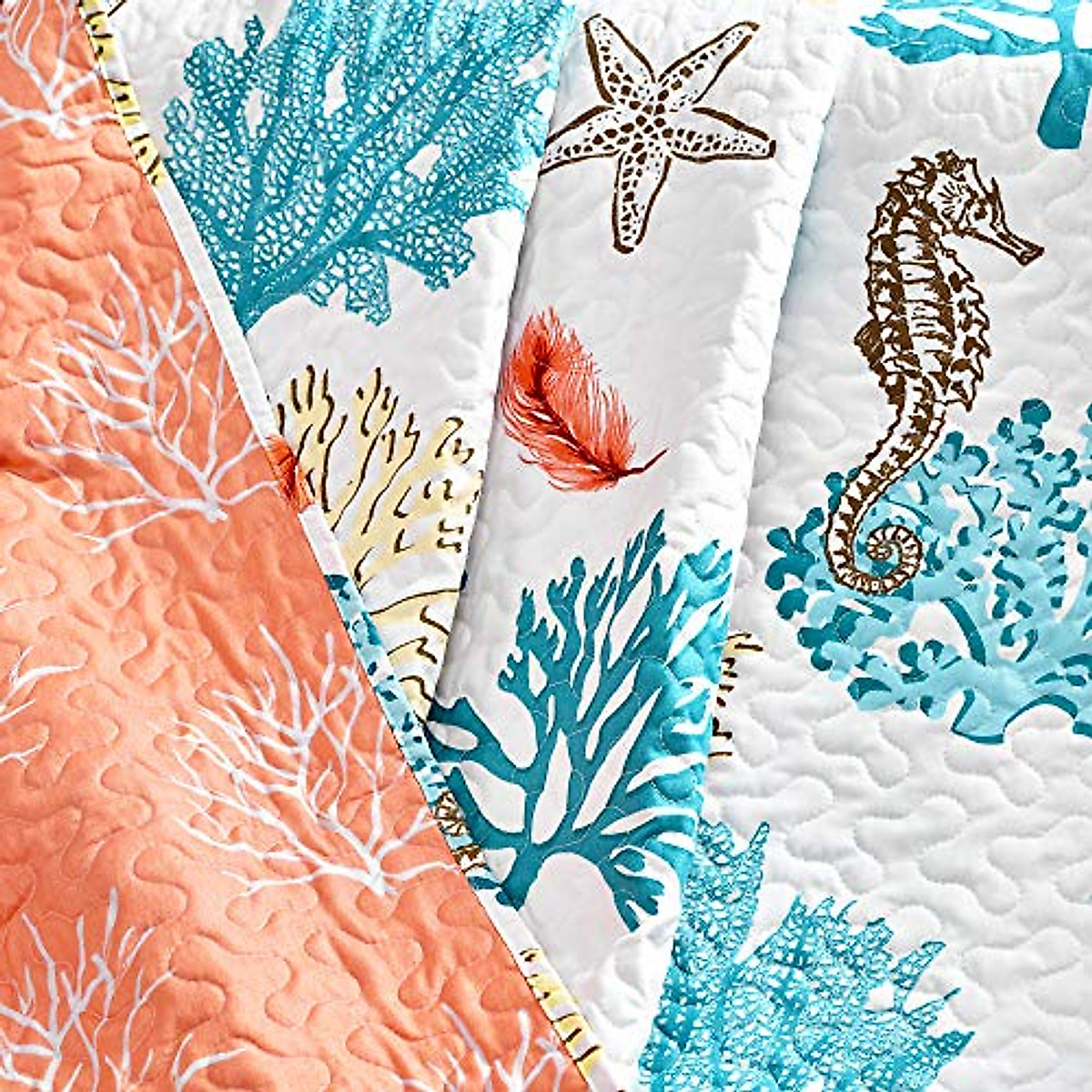 Lush Decor, Blue and Coral Coastal Reef Feather Throw Blanket, 60" x 50", 60" x 50