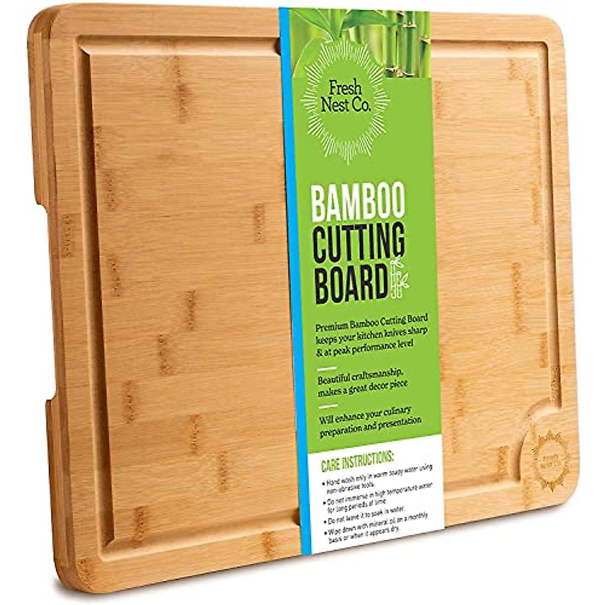 Extra Large Bamboo Kitchen Cutting Board by Fresh Nest Co. | XL 16 x 12 Wood Cutting Board with Handle | Thick Wooden Cutting Board with Juice Groove made with Organic Sustainable and Durable Bamboo
