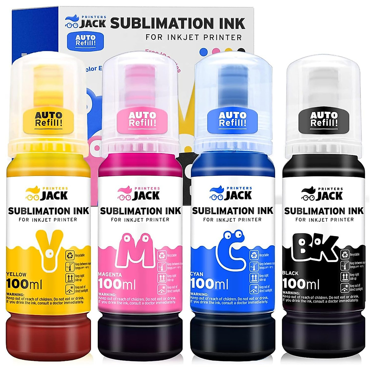 Printers Jack 4x100ml Sublimation Ink Auto Refill for Epson EcoTank Supertank Printers ET-2720 ET-4700 ET-2760 ET-3760 ET-4760 ET-2700 ET-2750 ET-4750 L3110 L3150 /Upgrade Version/Free ICC Printing