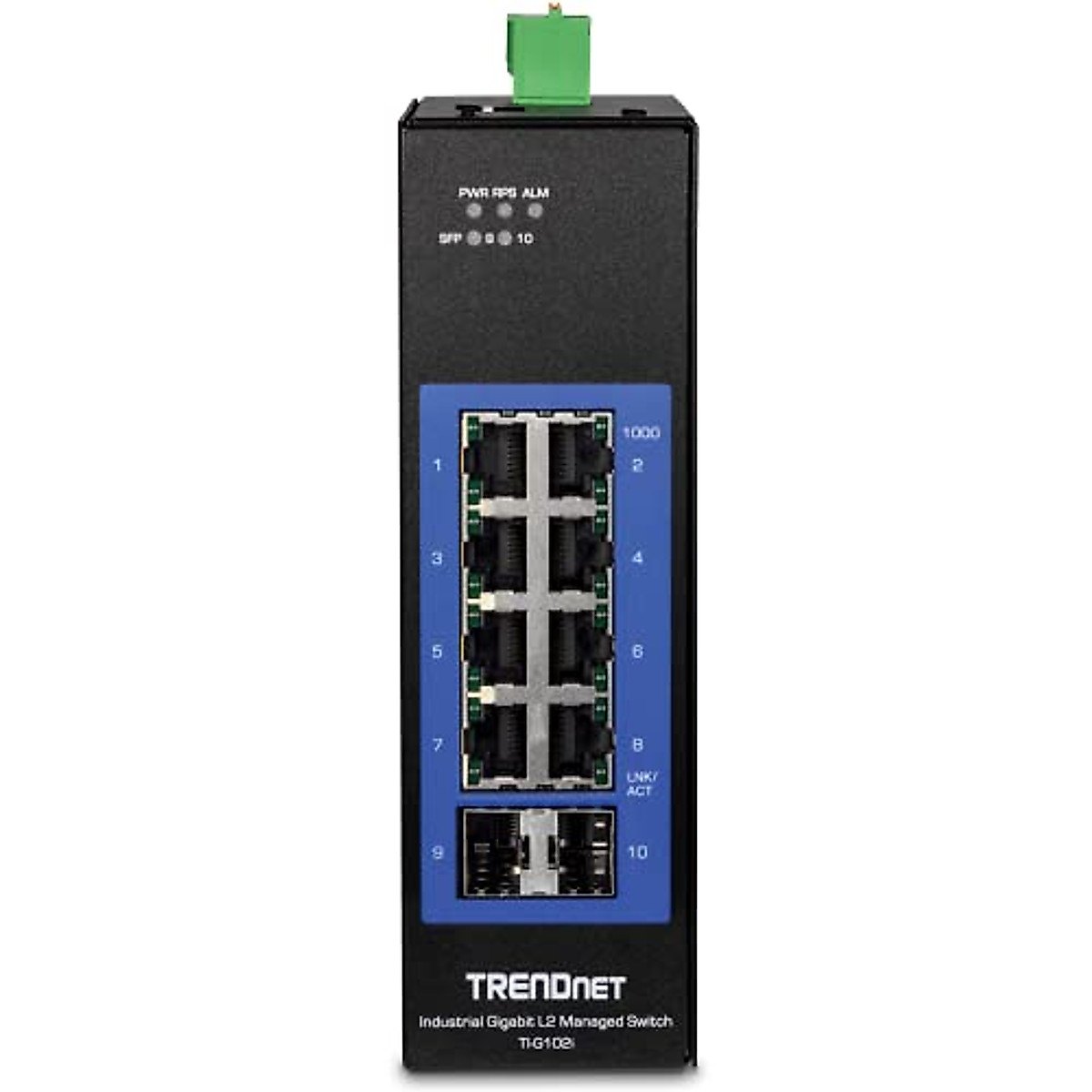 TRENDnet 10-Port Industrial Gigabit L2 Managed DIN-Rail Switch, 8 X Gigabit, 2 X SFP Slots, DIN-Rail Mount, IP30, Vlan, Qos, Lacp, STP/Rstp, Bandwidth Management, Lifetime Protection, TI-G102i