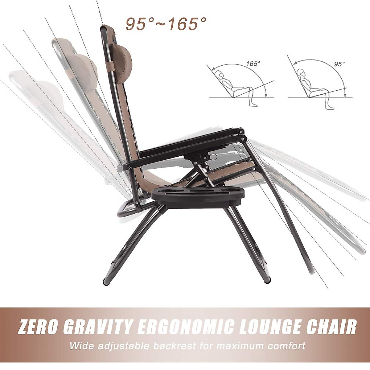 Vnewone Zero Gravity Chair Set of 2 Patio Folding Anti Reclining Lounge Deck Foldable Yard with Pillow and Cup Holder, Brown