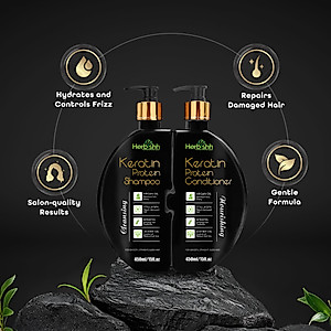 Herbishh Keratin Shampoo and Conditioner Set - Hydrating Shampoo & Nourishing Conditioner for Dry Damaged Hair - Sulfate Free - Plant Based - Set of 2