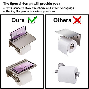 Smarthome Toilet Paper Holder with Shelf, Aluminum Tissue Roll Mobile Phone Storage Shelf for Modern Bathroom, 3M Self Adhesive No Drilling or Wall-Mounted Screws, Brushed Nickel