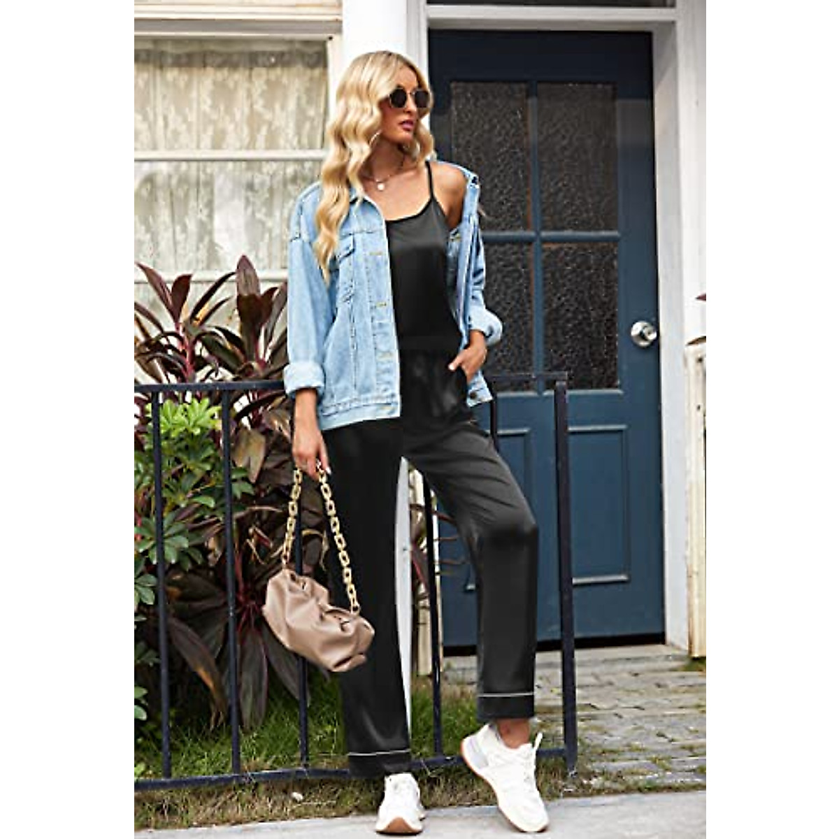 Ekouaer Satin Sleep Set for Women Spaghetti Strap Silk Pajamas Loose Fit Nightwear with Pockets(Black,XXL)