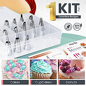 74PCs Icing Piping Bags and Tips Set-Cookie,Cupcake Icing Tips Cake Decorating Kit Baking Supplies -48 Numbered Cake Frosting Piping Tips with Reusable& Disposable Pastry Bags with Pattern Chart&Ebook